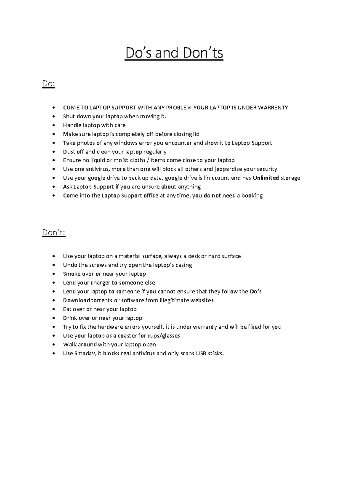 TIPS for students - Do’s and Don’ts Do: • COME TO LAPTOP SUPPORT WITH ...