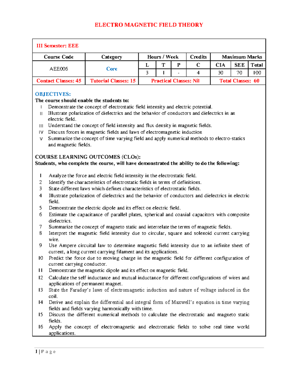 EMFT syllabus - 1 | P a g e ELECTRO MAGNETIC FIELD THEORY III Semester ...