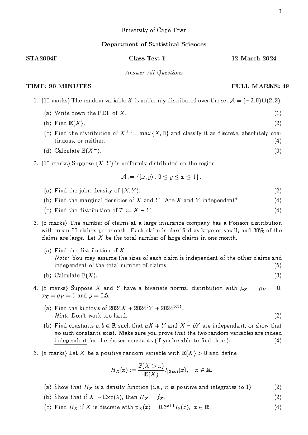 Class Test 1 2024 - 1 University of Cape Town Department of Statistical ...