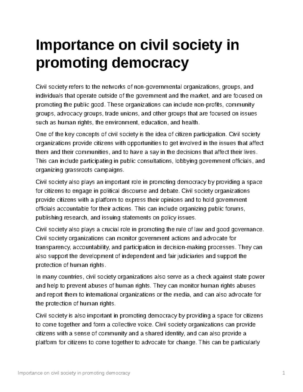 Importance on civil society in promoting democracy - These ...