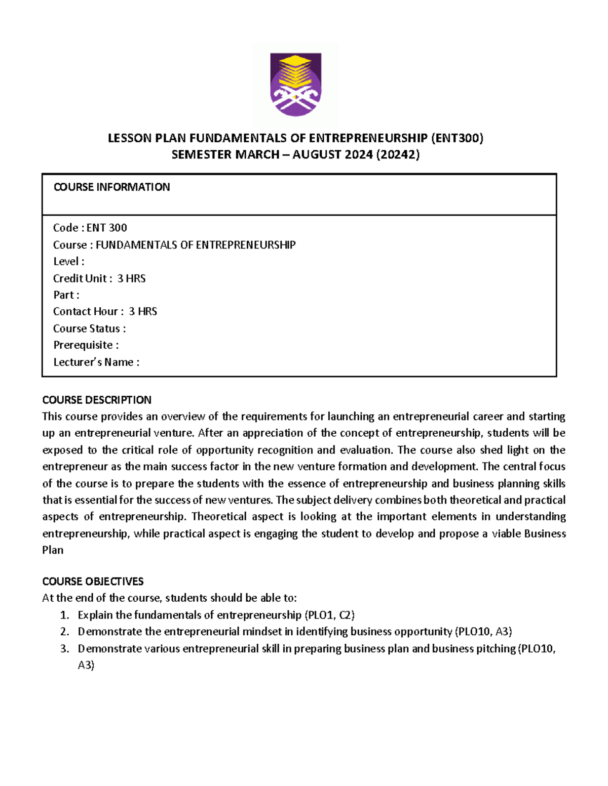 ENT300 Lesson PLAN SEM 20242 - LESSON PLAN FUNDAMENTALS OF ...