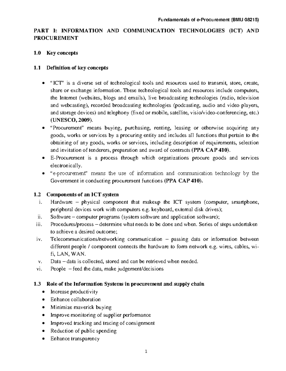 PART I Information AND Communication Technologies (ICT) AND Procurement ...