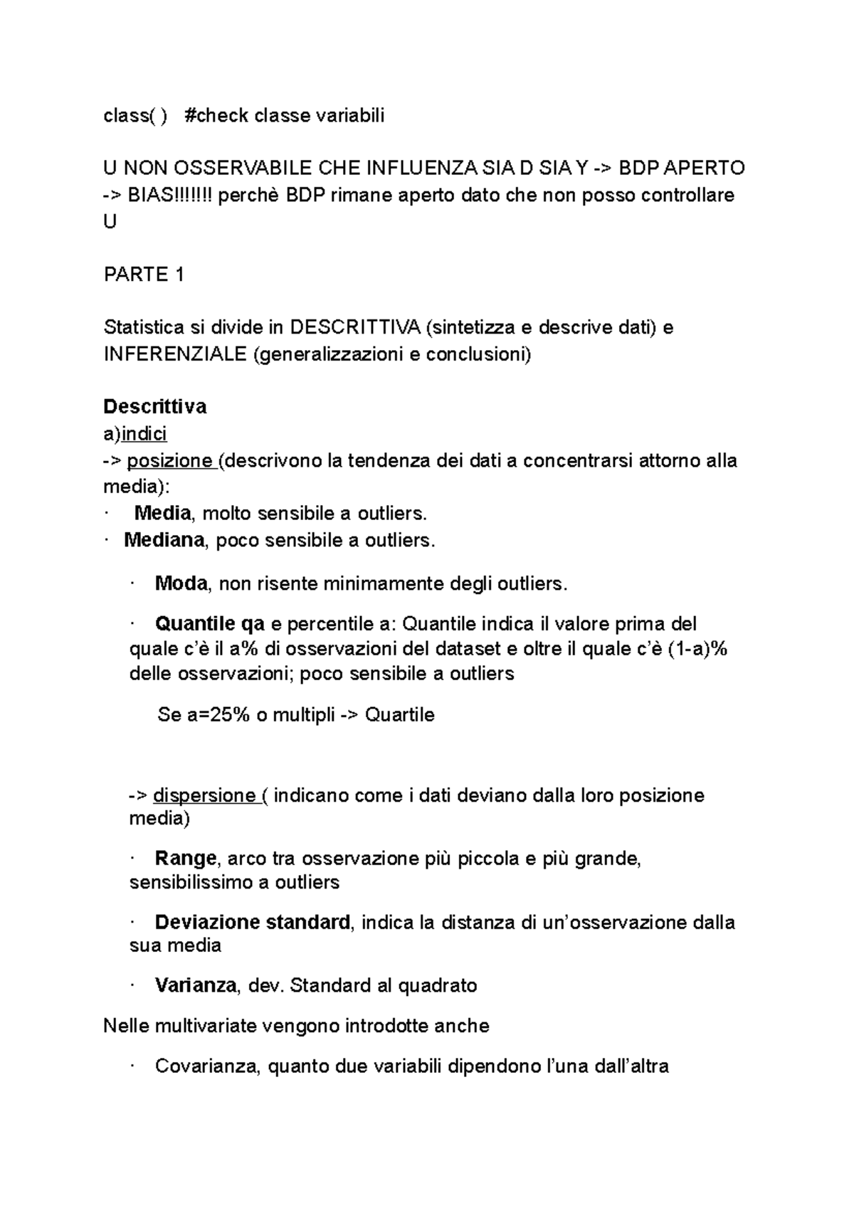 Formule BDA - class( ) #check classe variabili U NON OSSERVABILE CHE ...