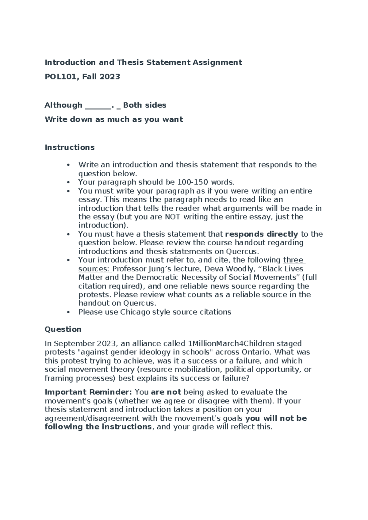 Introduction and Thesis Statement Assignment - _ Both sides Write down ...