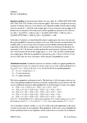 Lecture 1 - Lecture 1 Review of Probability Random experiment, sample ...