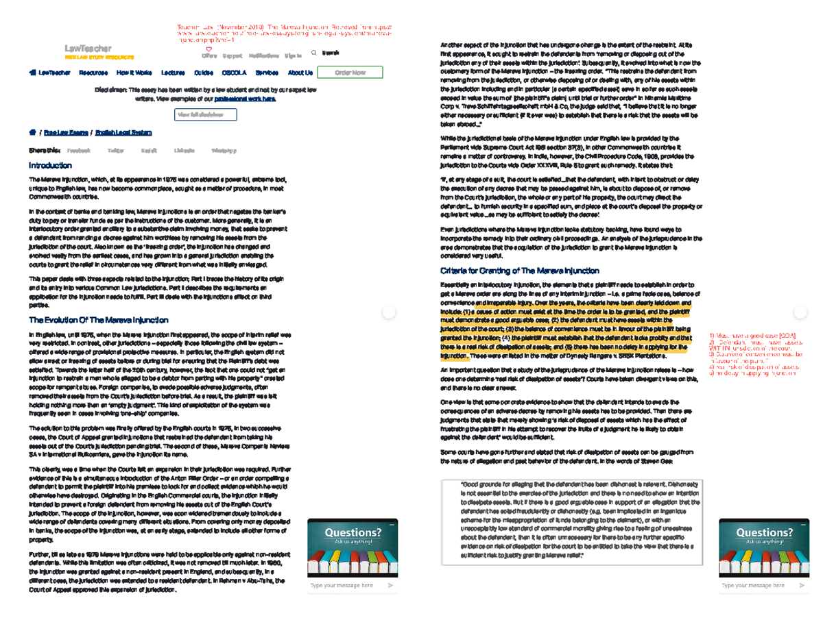 The Mareva Injunction- Law Teacher - / Free Law Essays / English Legal System Disclaimer: This ...