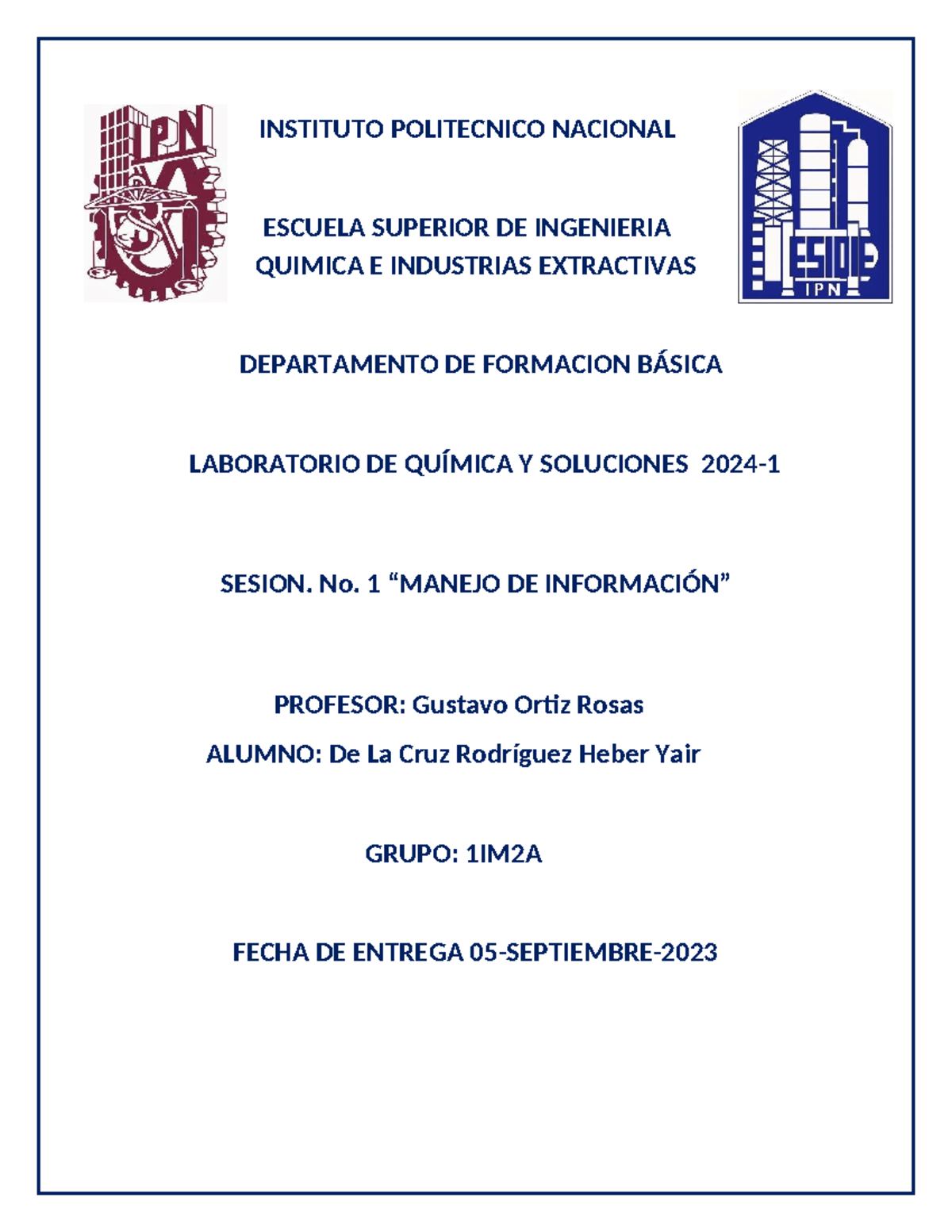 Bitácora de química, sesión No. 1 - INSTITUTO POLITECNICO NACIONAL ...