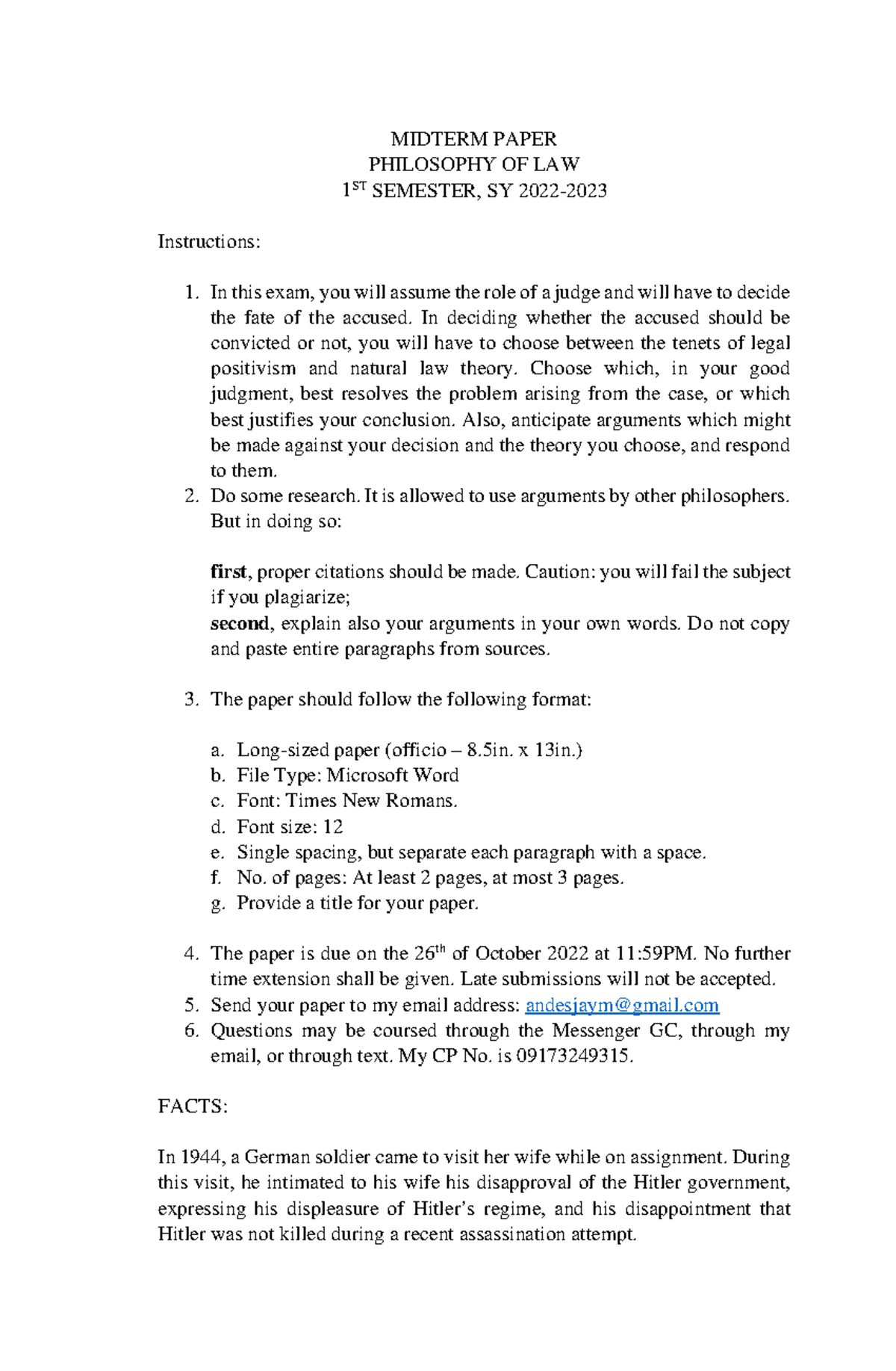 Philosophy of Law Midterm Exam 2022 - MIDTERM PAPER PHILOSOPHY OF LAW 1 ...