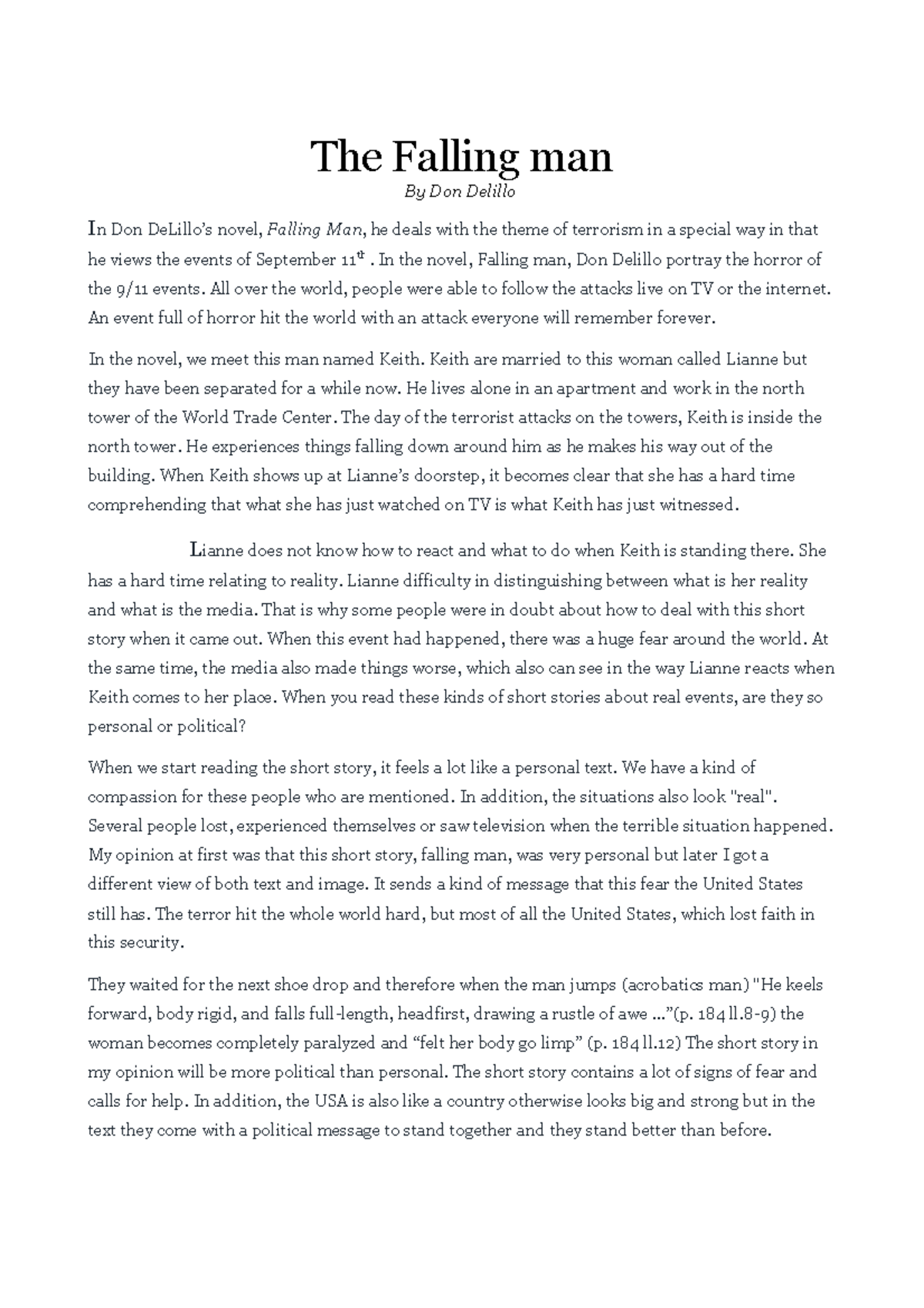 The Falling man essay (9/11) - The Falling man By Don Delillo In Don ...