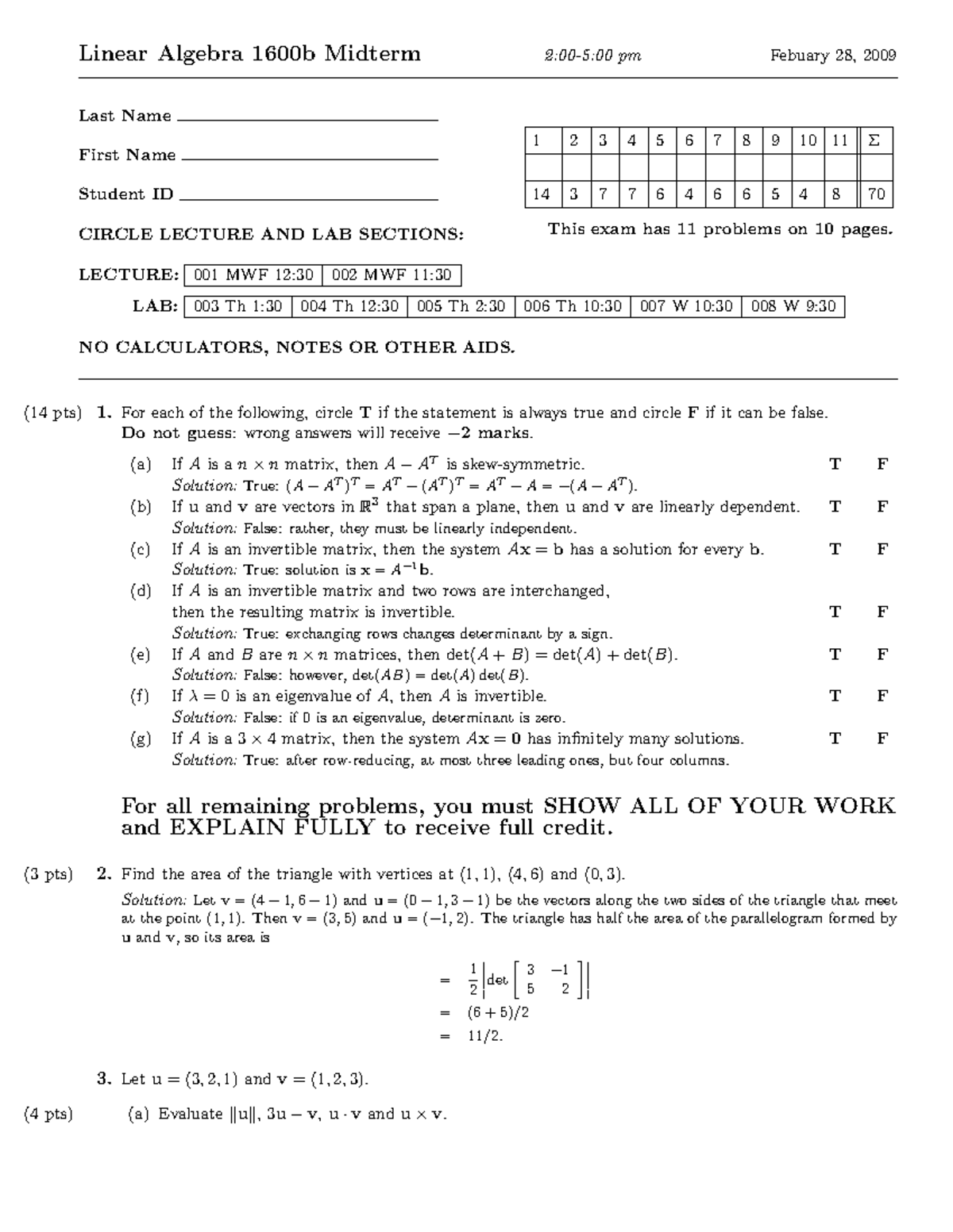 Math 1600 2009 Midterm 2 W Solutions - Linear Algebra 1600b Midterm 2: ...
