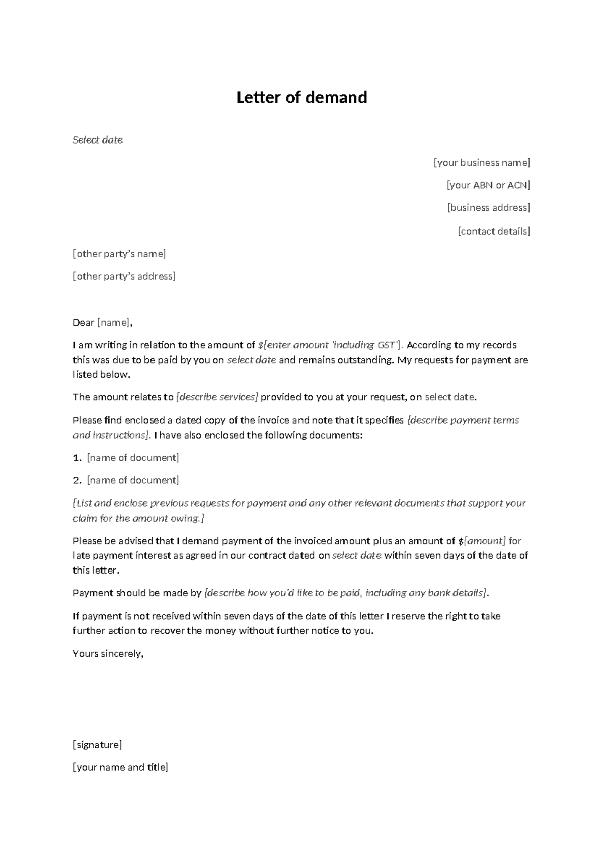 Letter of demand template - Letter of demand Select date [your business ...