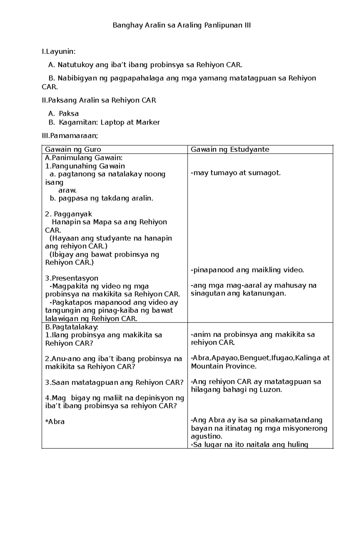 Banghay Aralin sa Rehiyon CAR - Banghay Aralin sa Araling Panlipunan ...