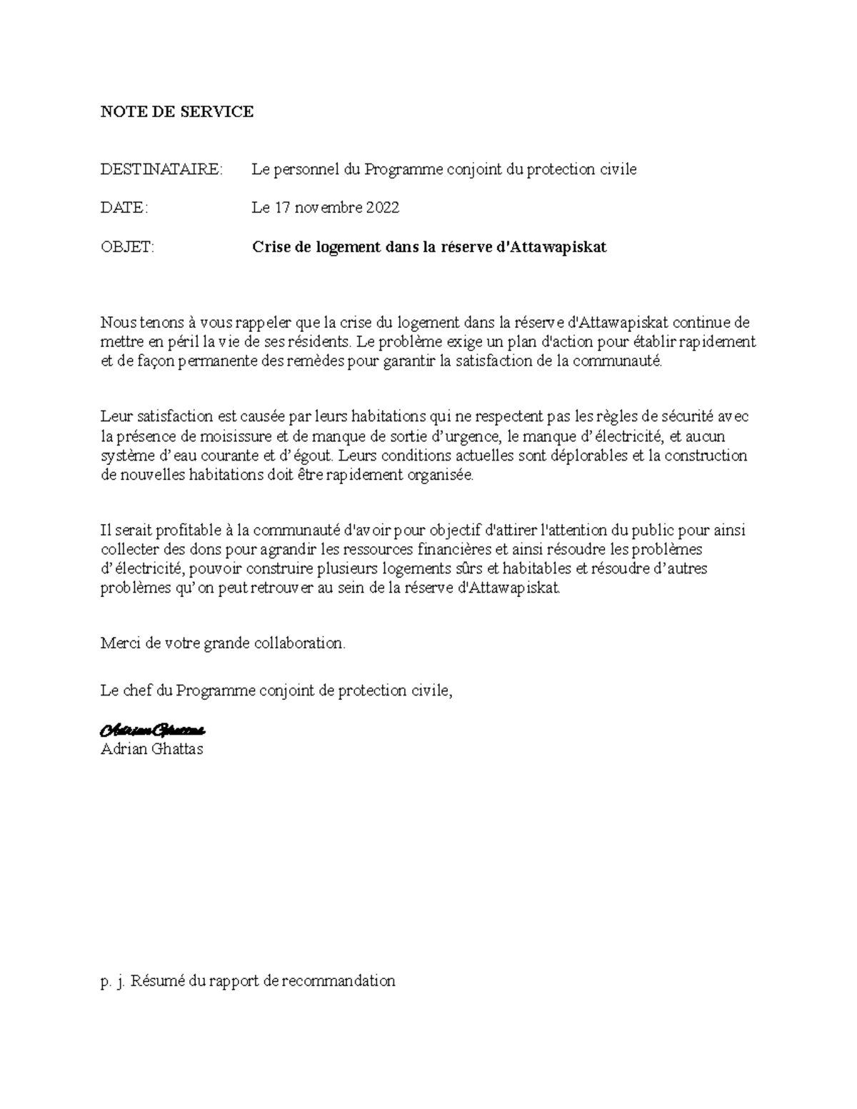 TP3 Note de Service - Aasdadadasdsa - NOTE DE SERVICE DESTINATAIRE: Le ...