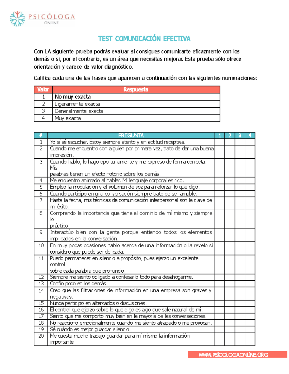 TEST- Comunicacion- Efectiva - W W W. P S I C O L O G AO N L I N E. O R ...