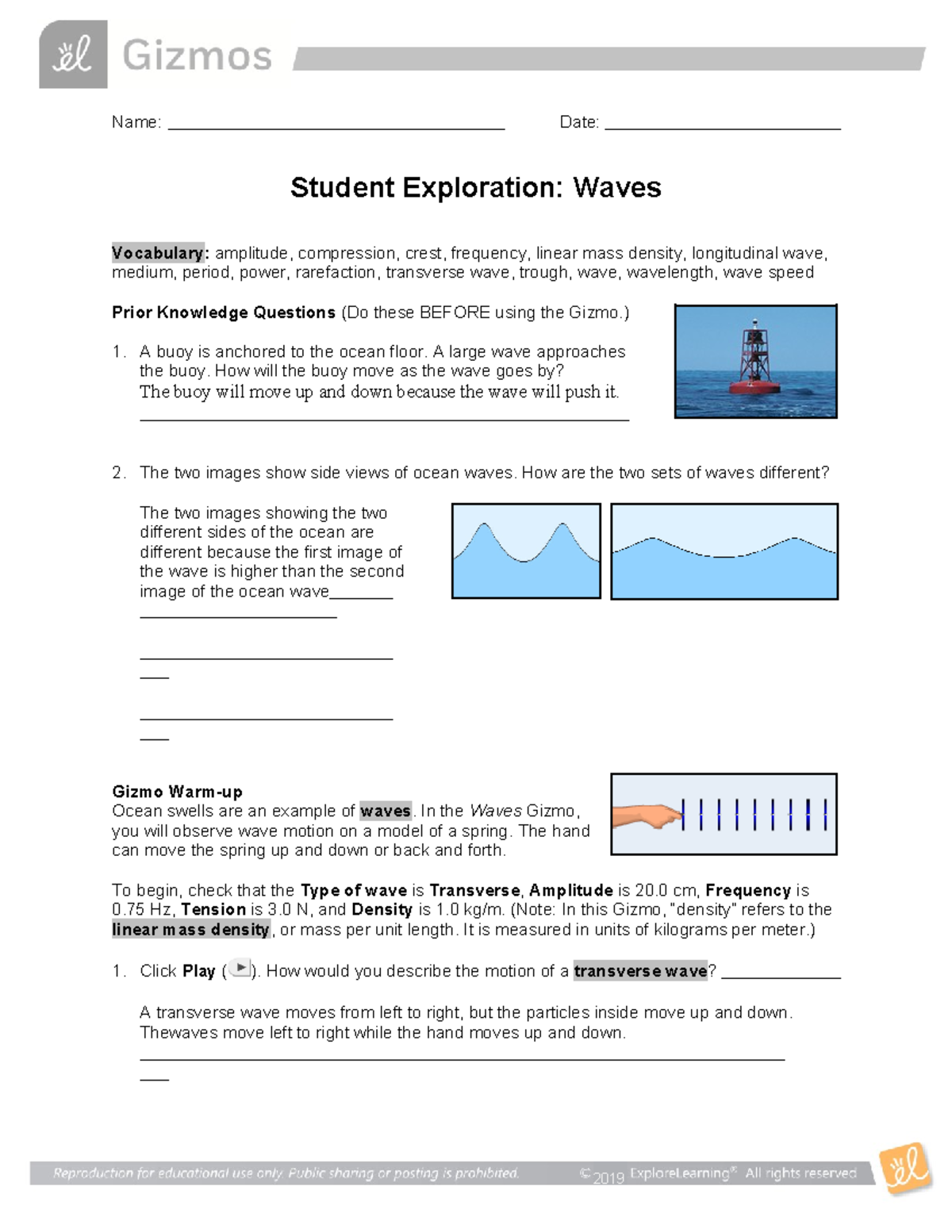 Waves SE - lol - Name: Date: Student Exploration: Waves Vocabulary ...