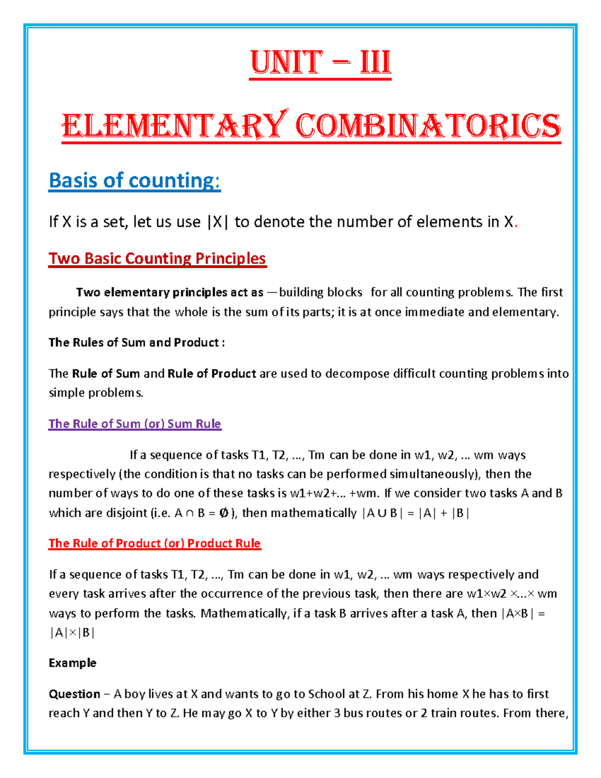 MFCS UNIT - 3 - Mfcs - UNIT – III Elementary Combinatorics Basis of counting: If X is a set, let ...