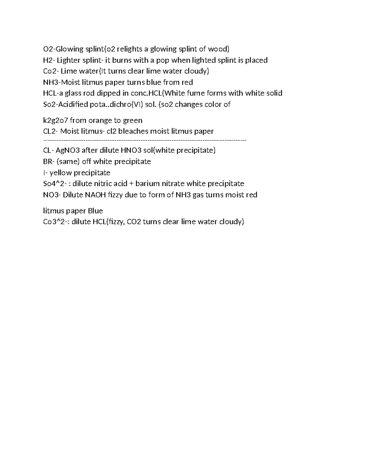 Chem - Summarized chemical tests - O2-Glowing splint(o2 relights a ...