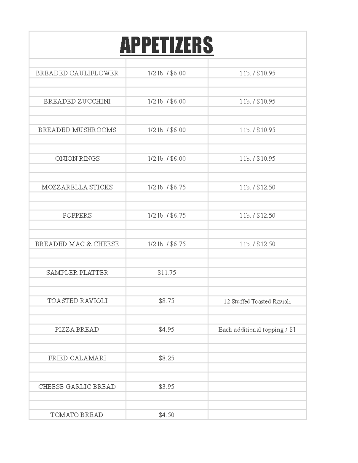 Updated Don Monaco’s Menu - APPETIZERS BREADED CAULIFLOWER 1/2 lb. / $6 ...