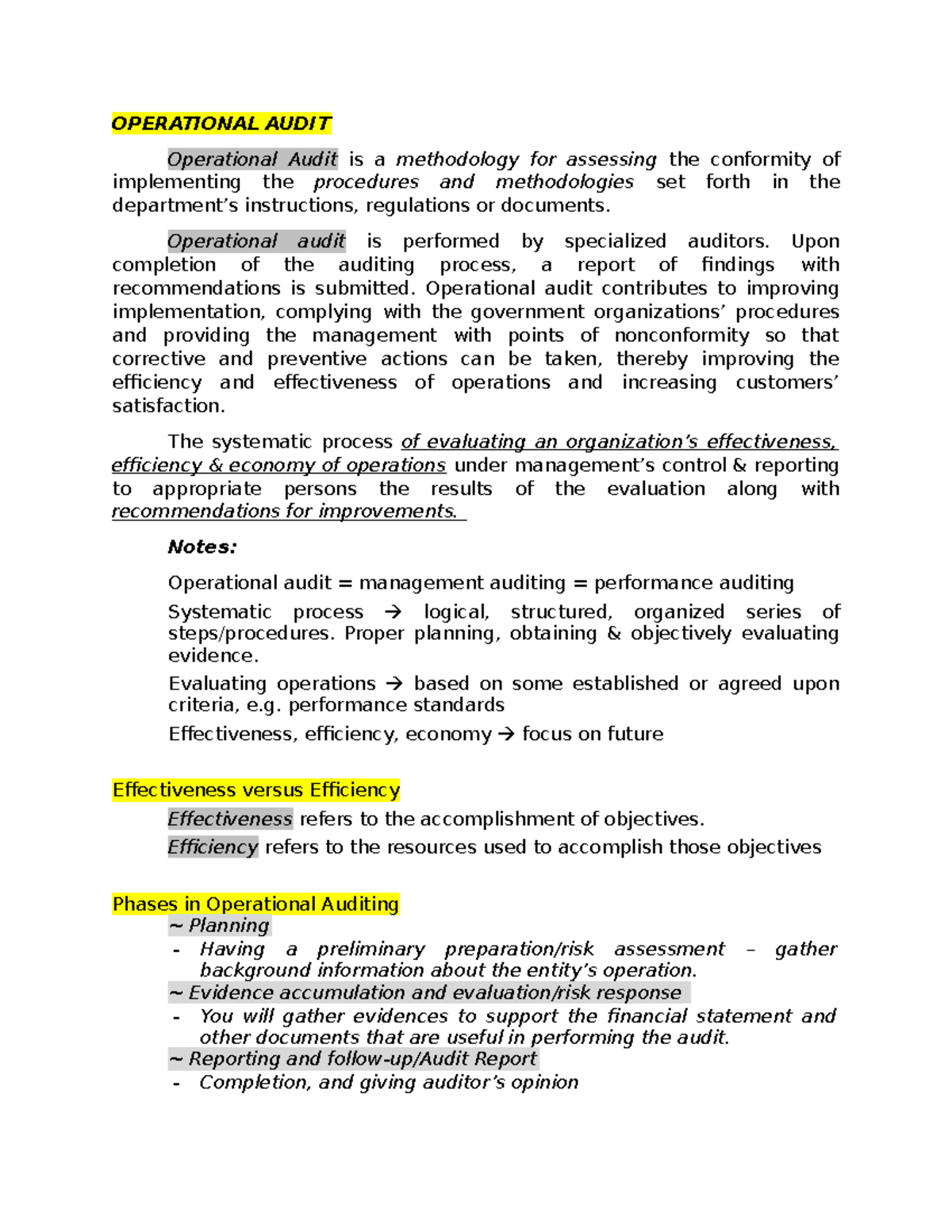 Notes in Operations Auditing - Bachelor of Science in Accountancy - Studocu