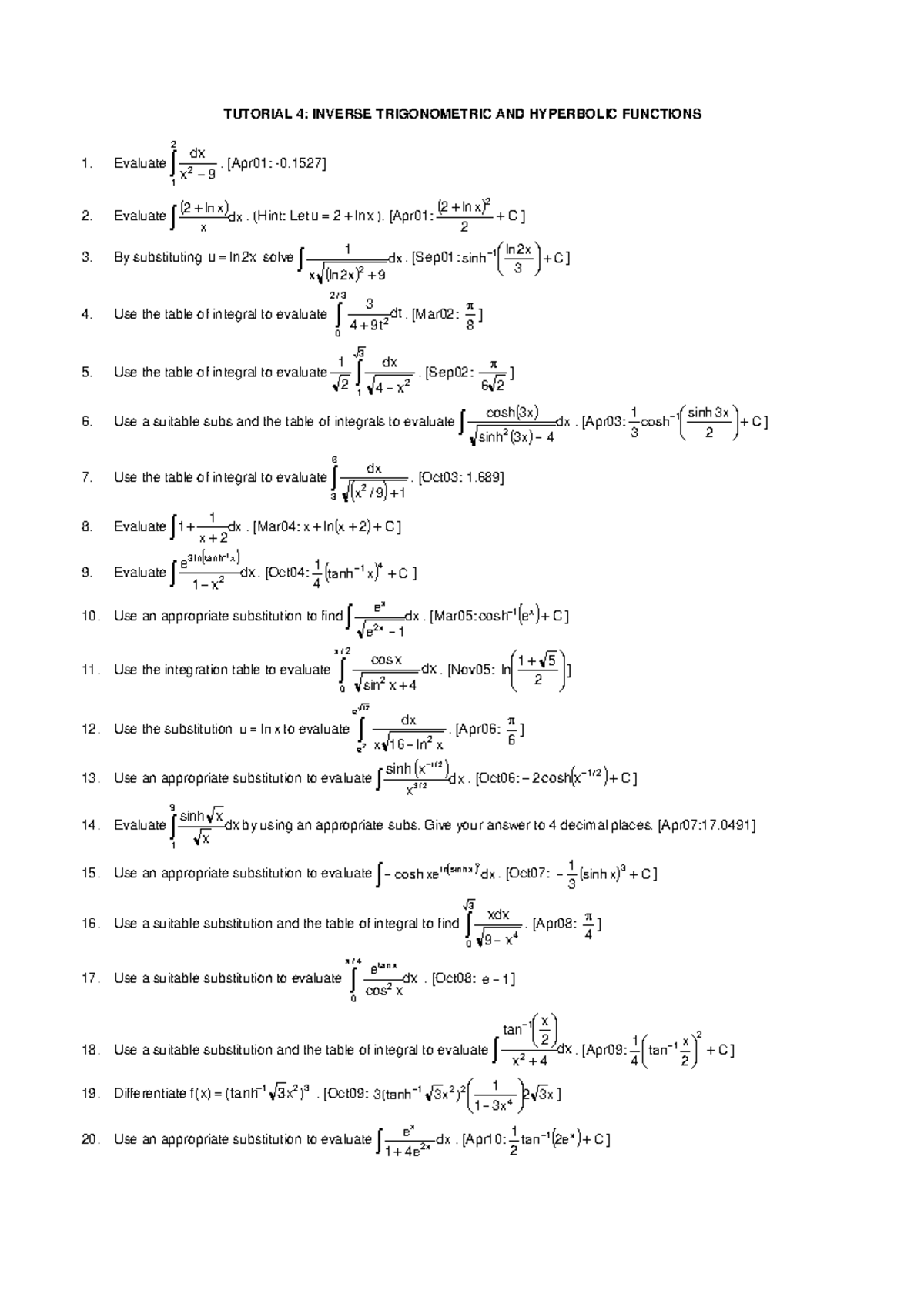 Tutorial 1.2,1.3,1.4 ( Integrals) - TUTORIAL 4 : INVERSE TRIGONOMETRIC AND HYPERBOLIC FUNCTIONS ...