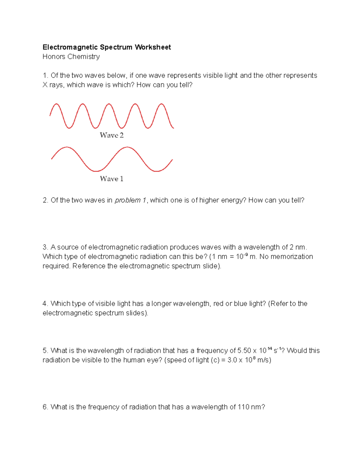 Electromagnetic Spectrum Worksheet - Which type of electromagnetic ...