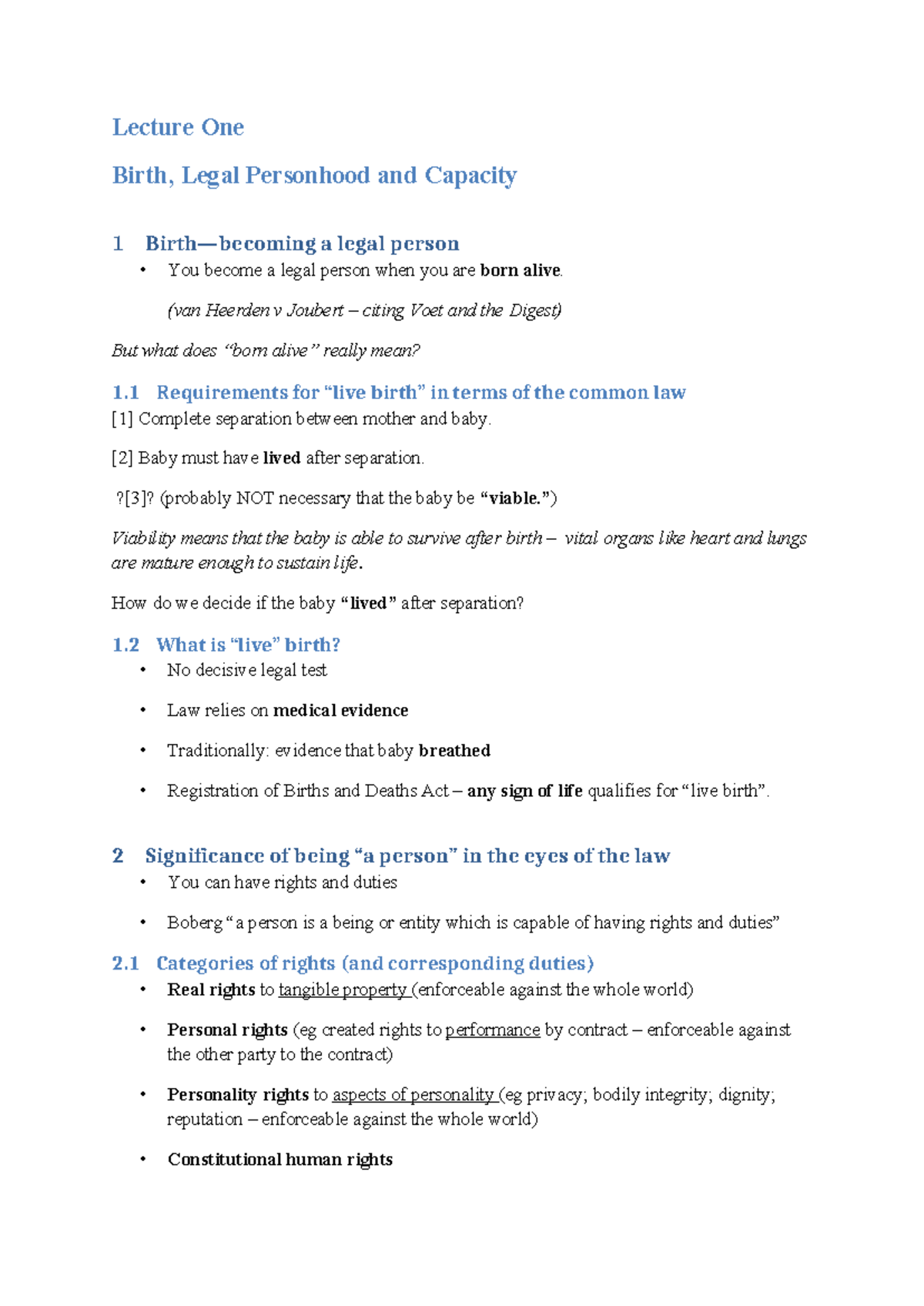 Lecture outline 1 - Lecture One Birth, Legal Personhood and Capacity 1 ...