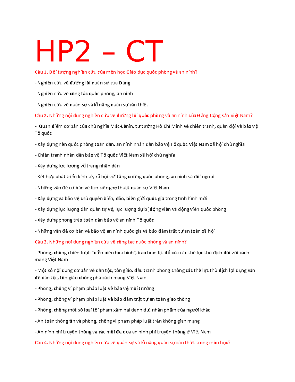 Câu hỏi ôn thi HP1 quân sự - HP2 – CT Câu 1. Đốối t ượng nghiên c u c a mốn h c Giáo d c quốốc ...