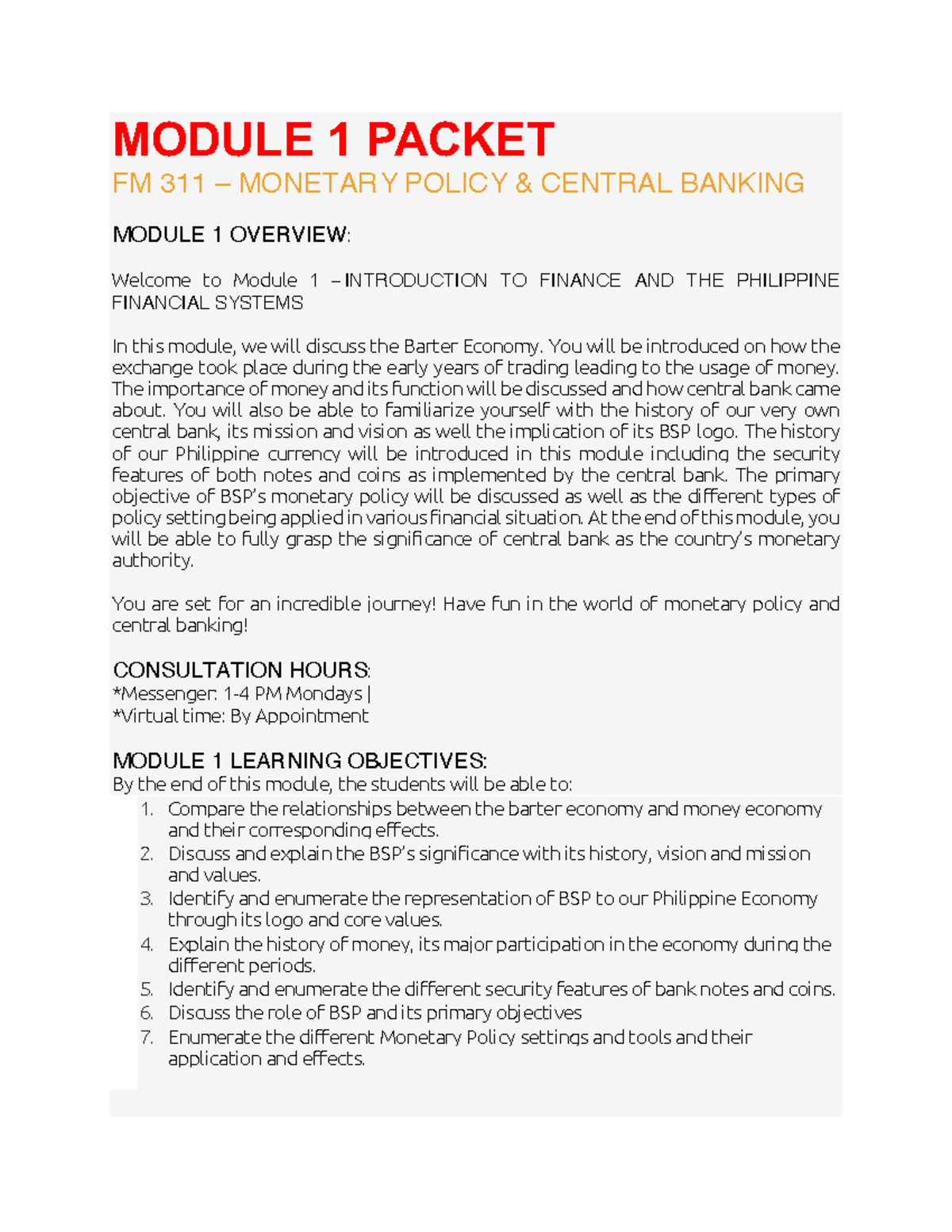 FM 311 - Monetary Policy Module (1) - MODULE 1 PACKET FM 311 – MONETARY ...