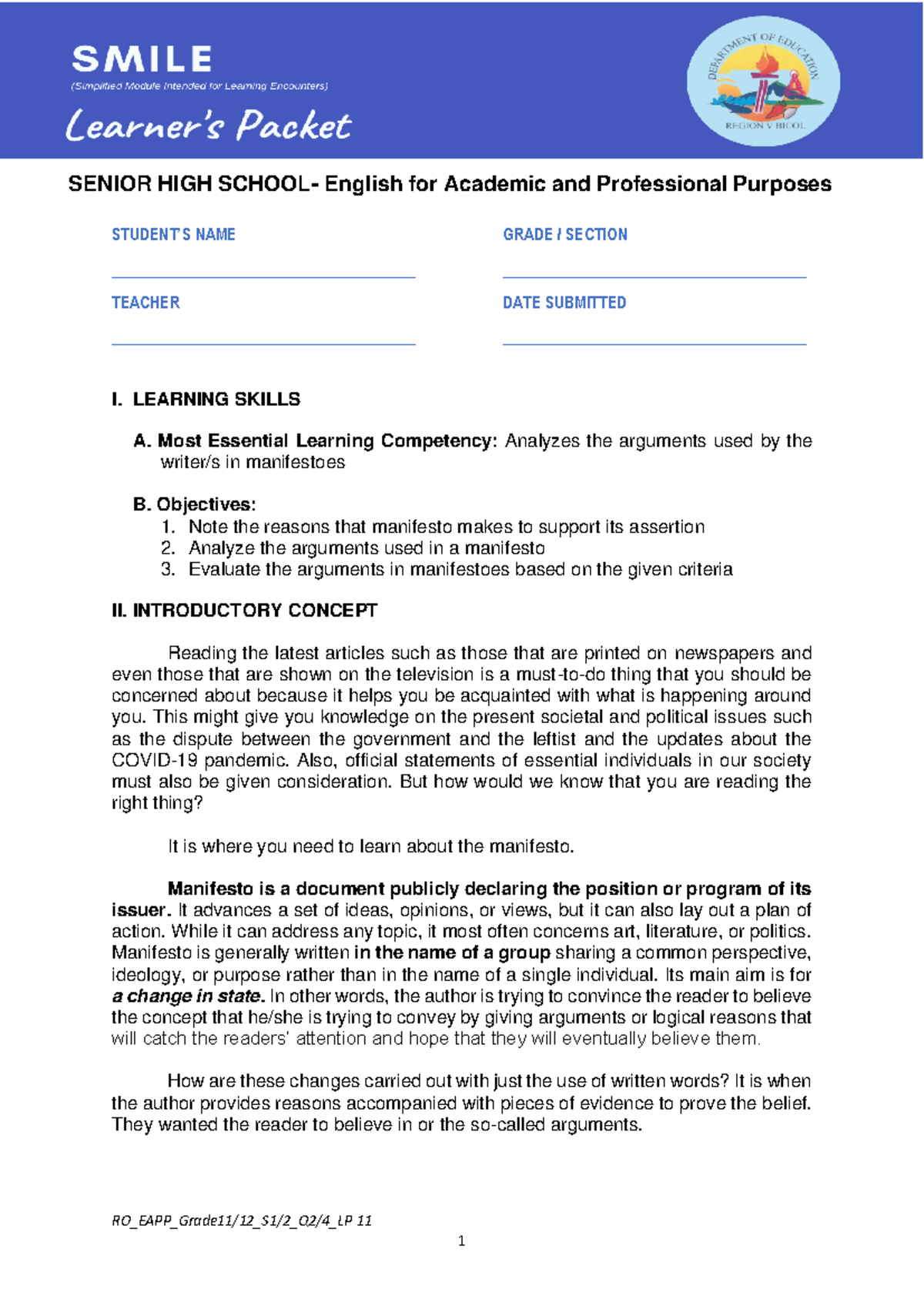 Learning Activity Sheet 1 EAPP 5 - RO_EAPP_Grade11/12_S1/2_Q2/4_LP 11 ...