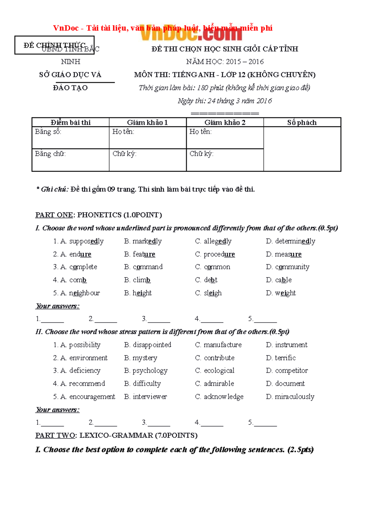 De thi chon hoc sinh gioi cap tinh mon tieng anh lop 12 khong chuyen so gd dt bac ninh nam hoc ...