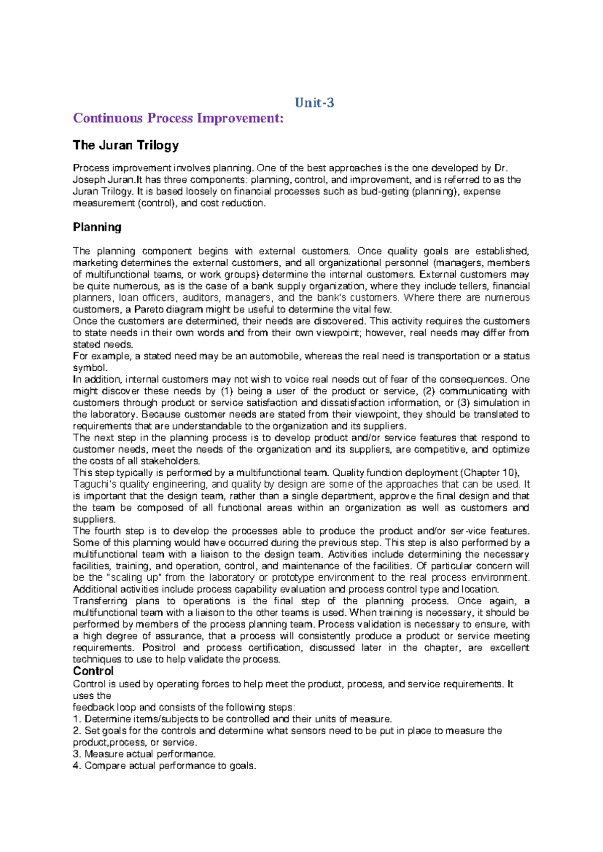 Unit-3 notes GST - Unit- 3 Continuous Process Improvement: The Juran ...
