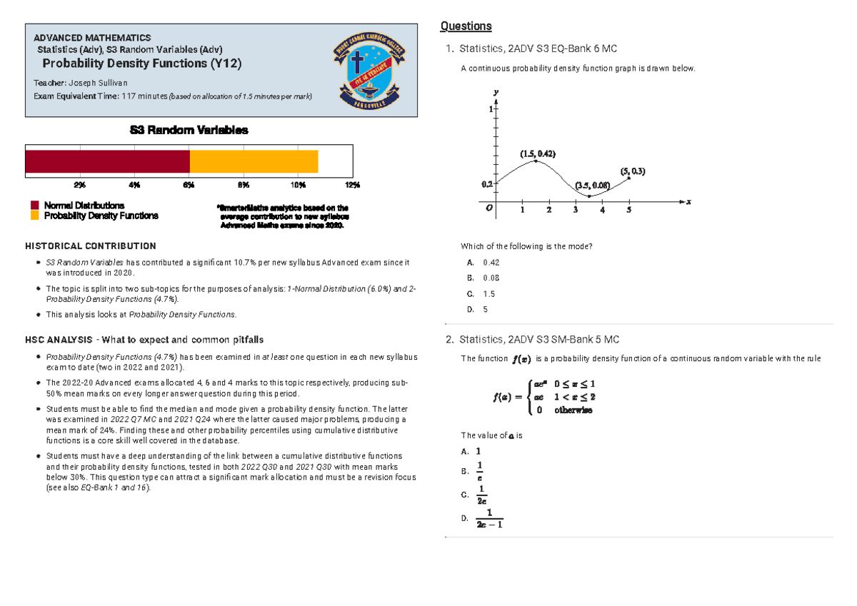 Past HSC Questions - CRV - ADVANCED MATHEMATICS Statistics (Adv), S3 ...