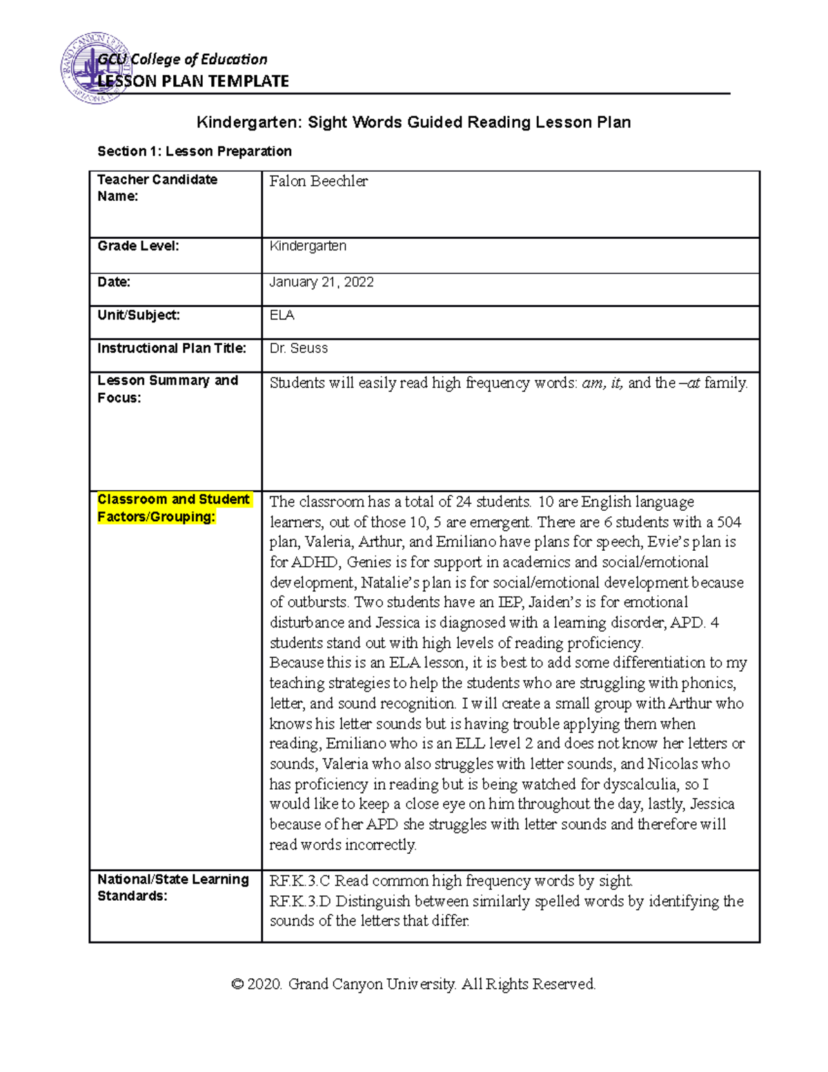 SPD-200 Kindergarten Lesson Plan - LESSON PLAN TEMPLATE Kindergarten ...