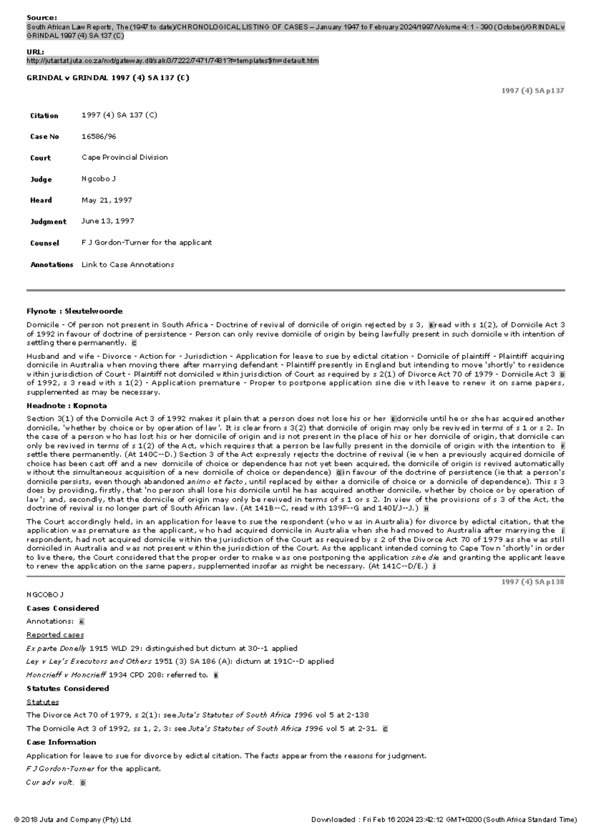 Grindal v Grindal 1997 (4) SA 137 (C) - Source: South African Law Reports, The (1947 to - Studocu