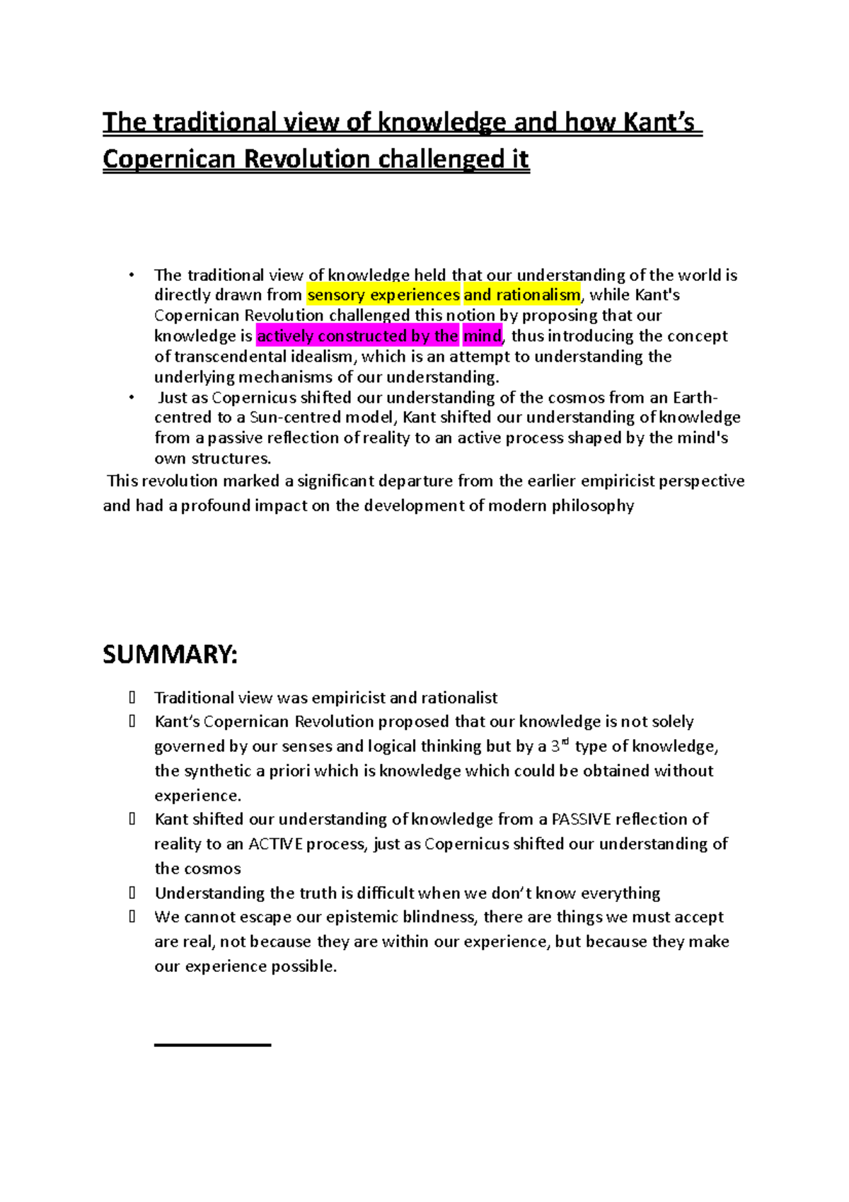 Immanuel Kant NOTES - The traditional view of knowledge and how Kant’s ...