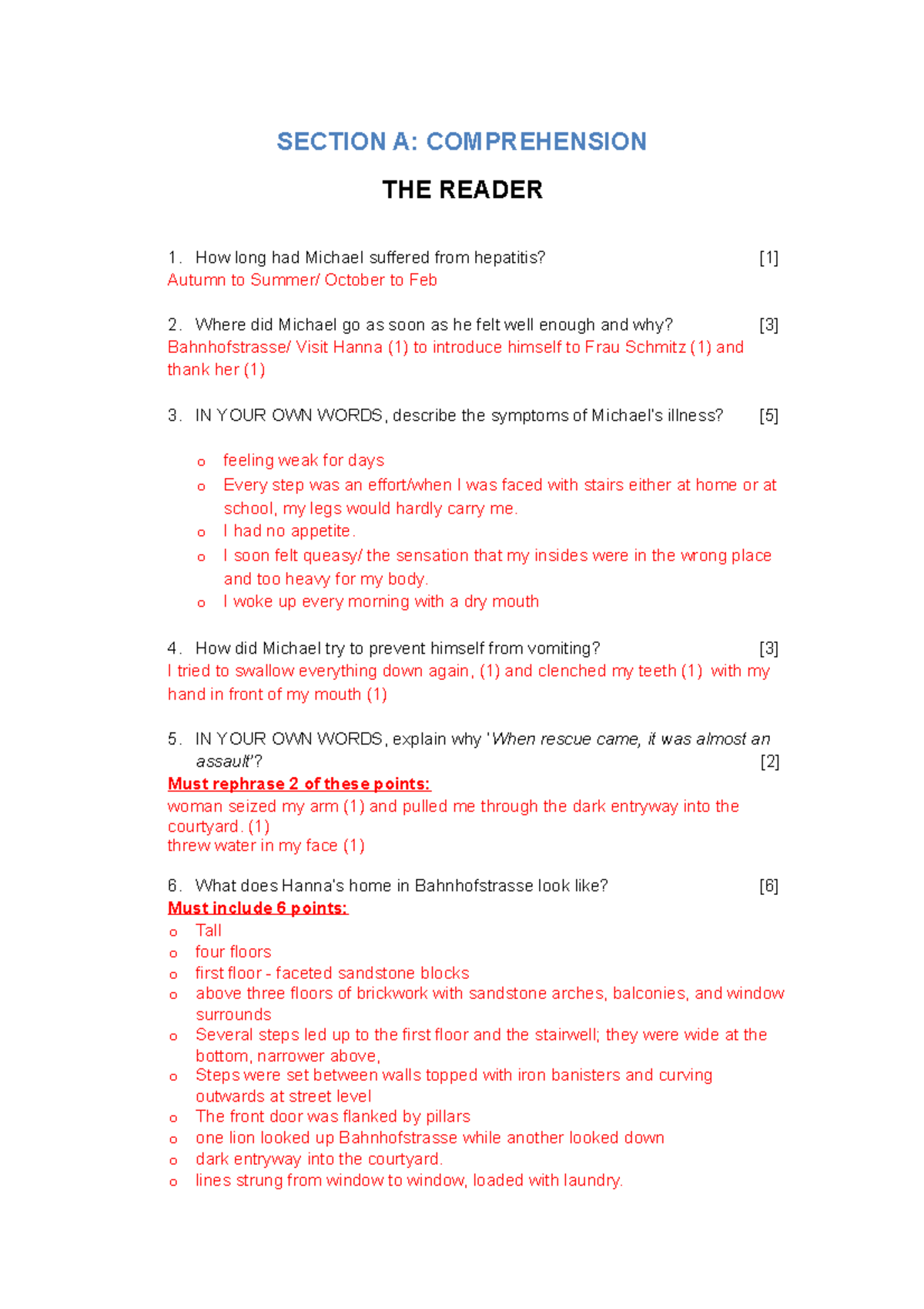 The Reader answer sheet - SECTION A: COMPREHENSION THE READER How long ...