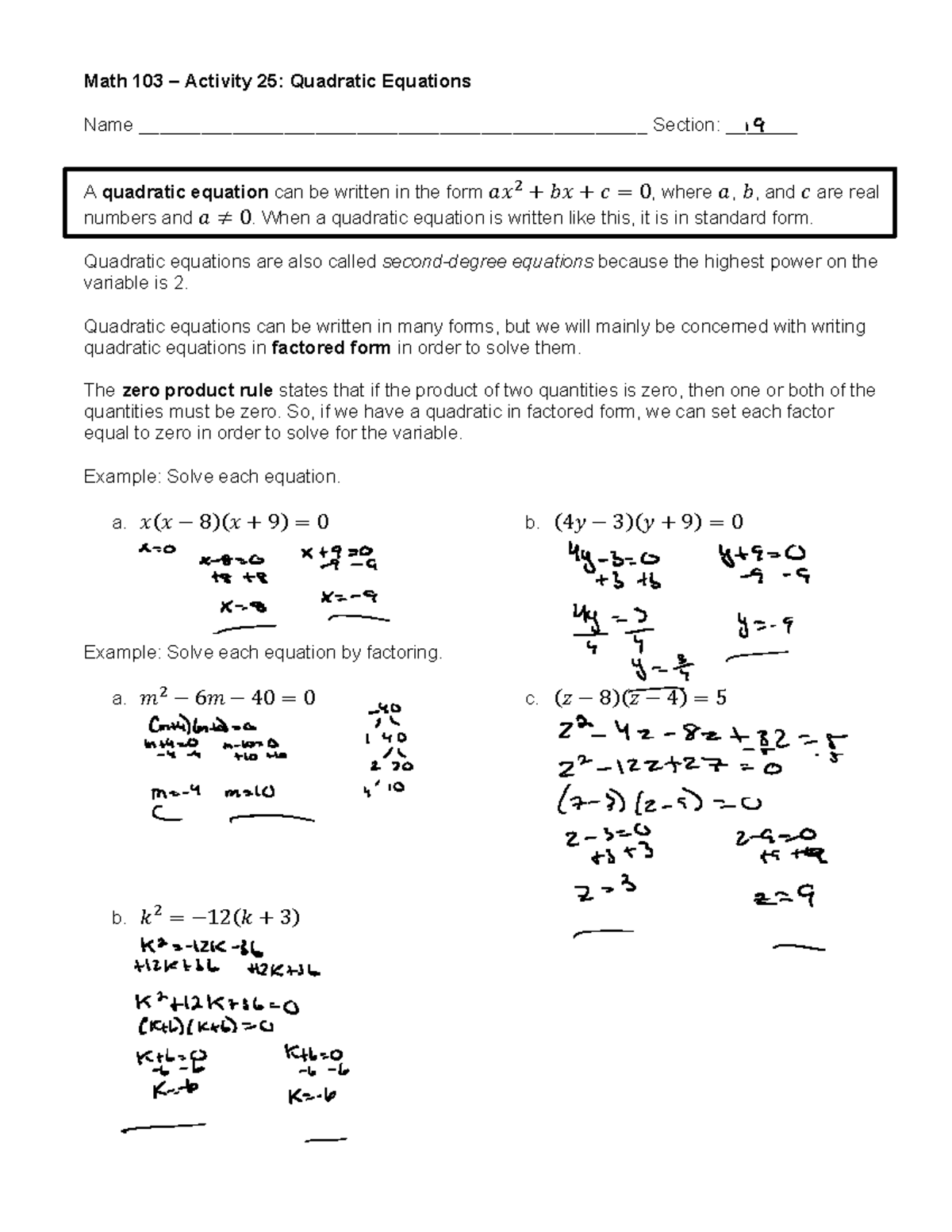 Quadratic Equations: Factoring and Solving - Studocu