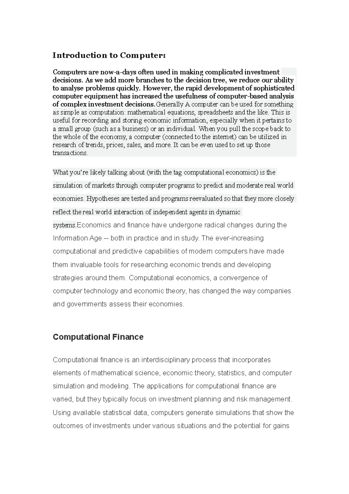 Workineh compuer assingment - Introduction to Computer: Computers are ...