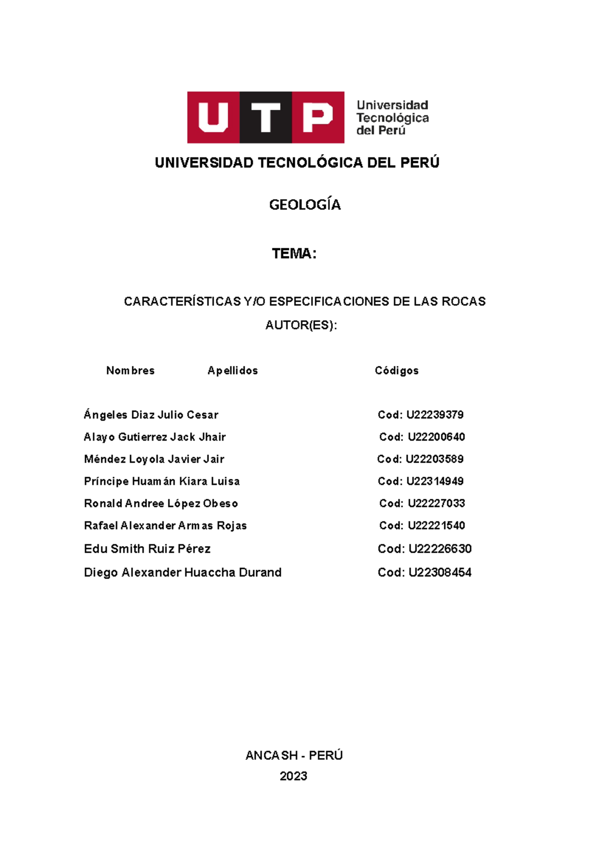 Proyecto geologia (1) - dasdasdasd - UNIVERSIDAD TECNOLÓGICA DEL PERÚ ...