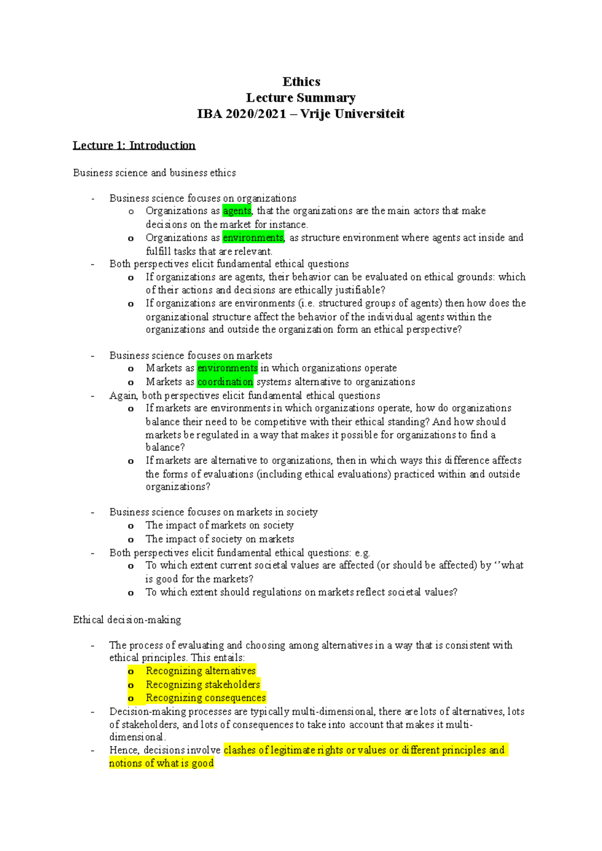 Ethics - Lecture Summary - Ethics Lecture Summary IBA 2020/2021 – Vrije ...