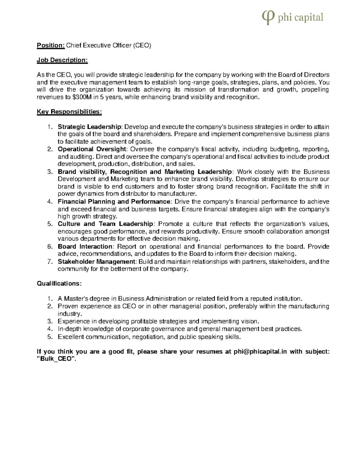 Ceo jd - Position: Chief Executive Officer (CEO) Job Description: As ...