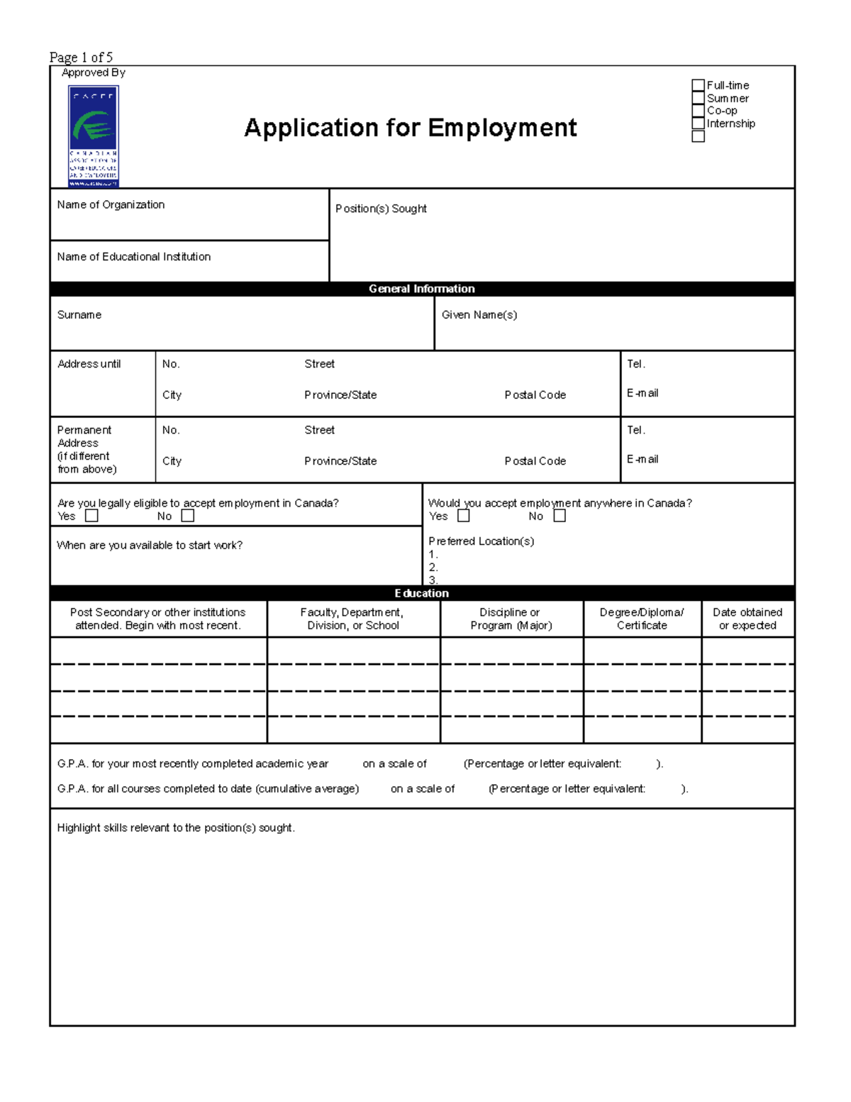 the CAcEE form that you will need for any summer jobs - Page 1 of 5 ...