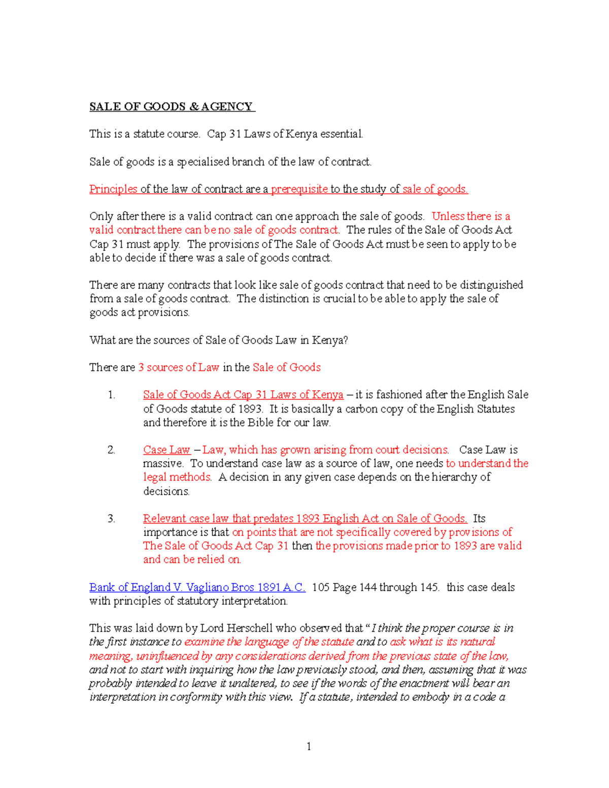 Commercial LAW SALE OF Goods FOR Students - SALE OF GOODS & AGENCY This ...