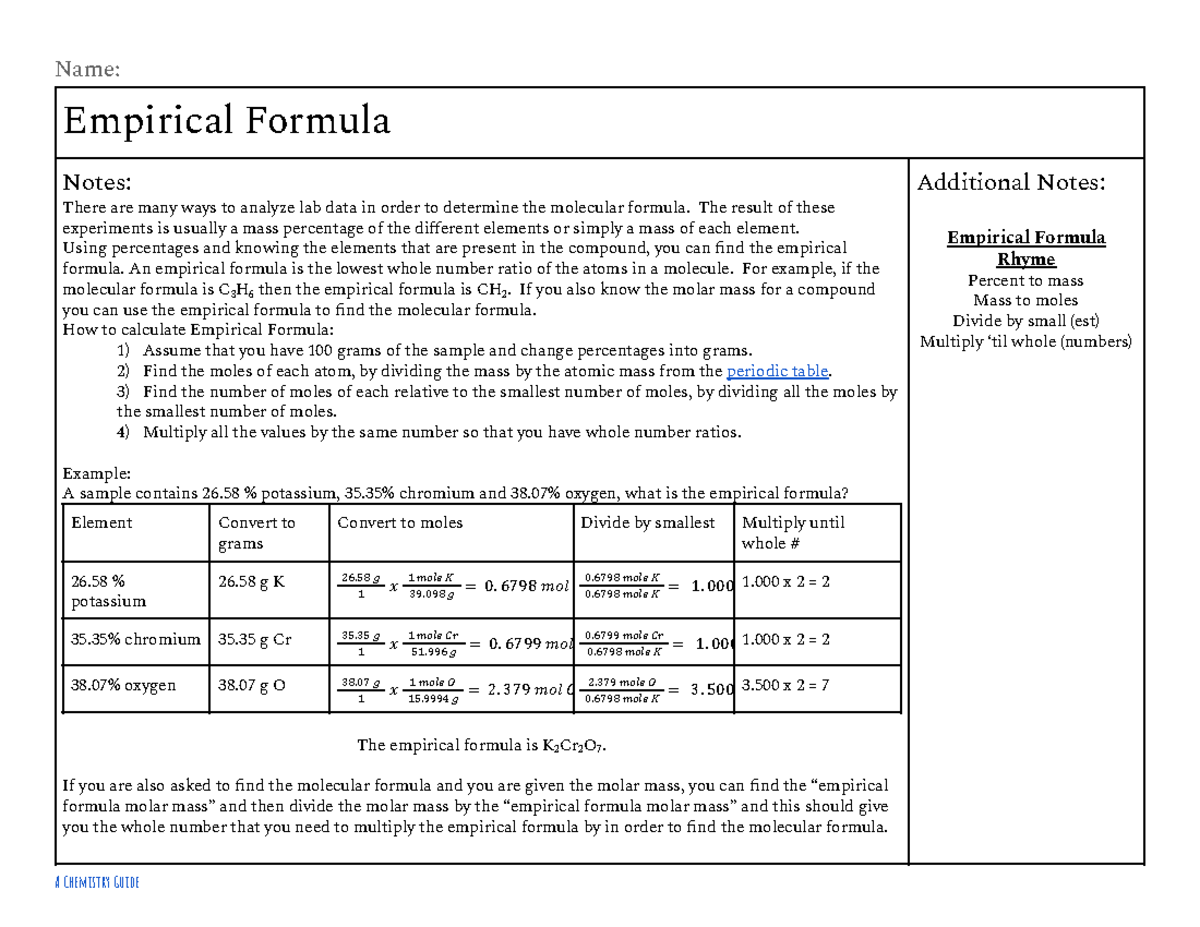 Empirical Formula Notes Honors - Name: Empirical Formula Notes: There ...