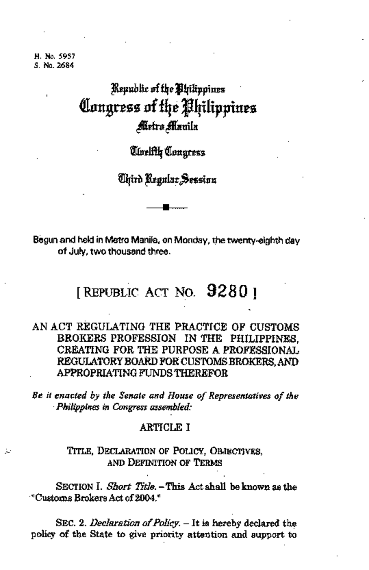 Ra 9280 2004 - aaaaaaaaaaaaa - Customs Administration - Studocu