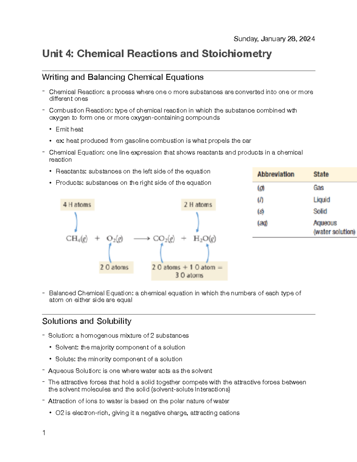 Unit 4 - Textbook Notes - Unit 4: Chemical Reactions and Stoichiometry ...