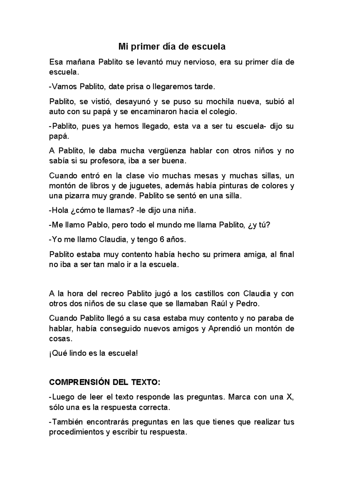 Comprension DE Lectura 1er grado - Mi primer día de escuela Esa mañana ...