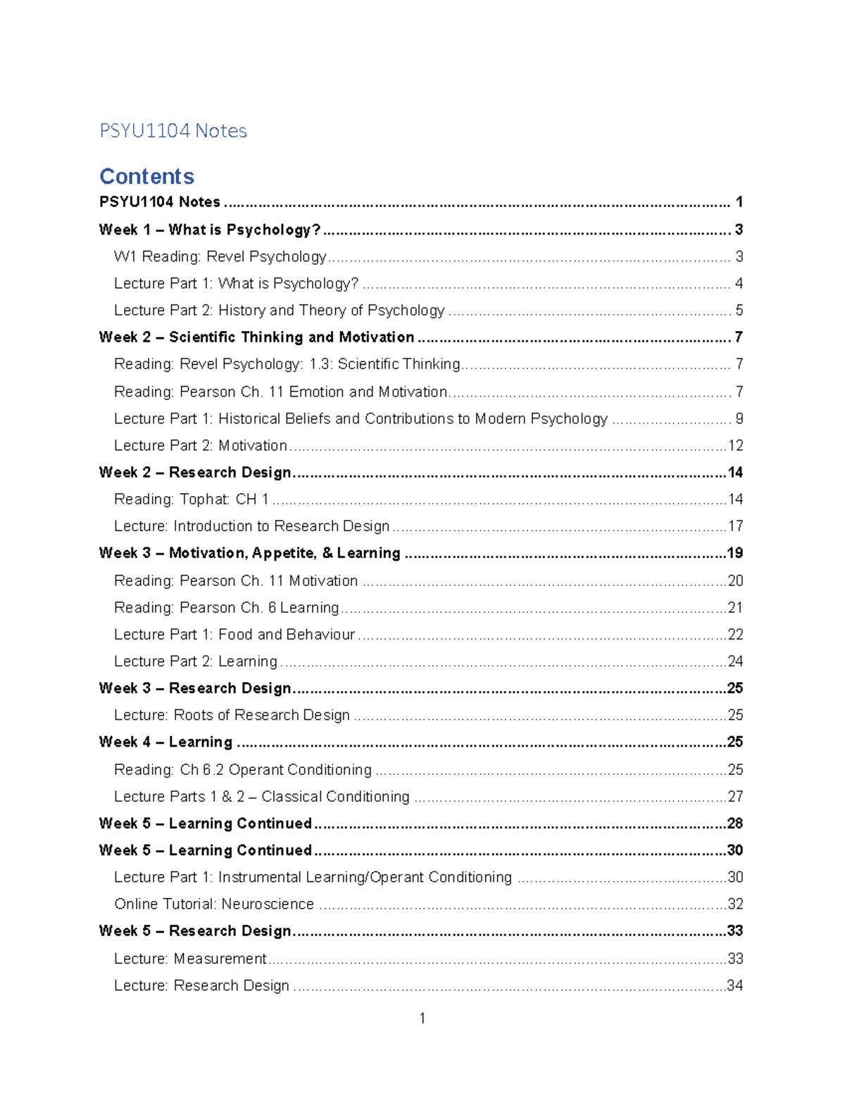 Intro to psych notes - PSYU1104 Notes PSYU1104 Notes Contents Week 1 3 ...