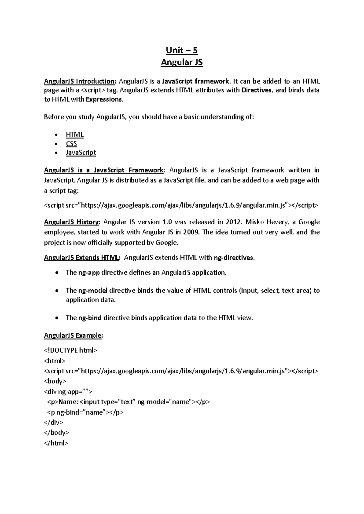 Wp unit 5 - Web programming - Unit – 5 Angular JS AngularJS Introduction: AngularJS is a ...