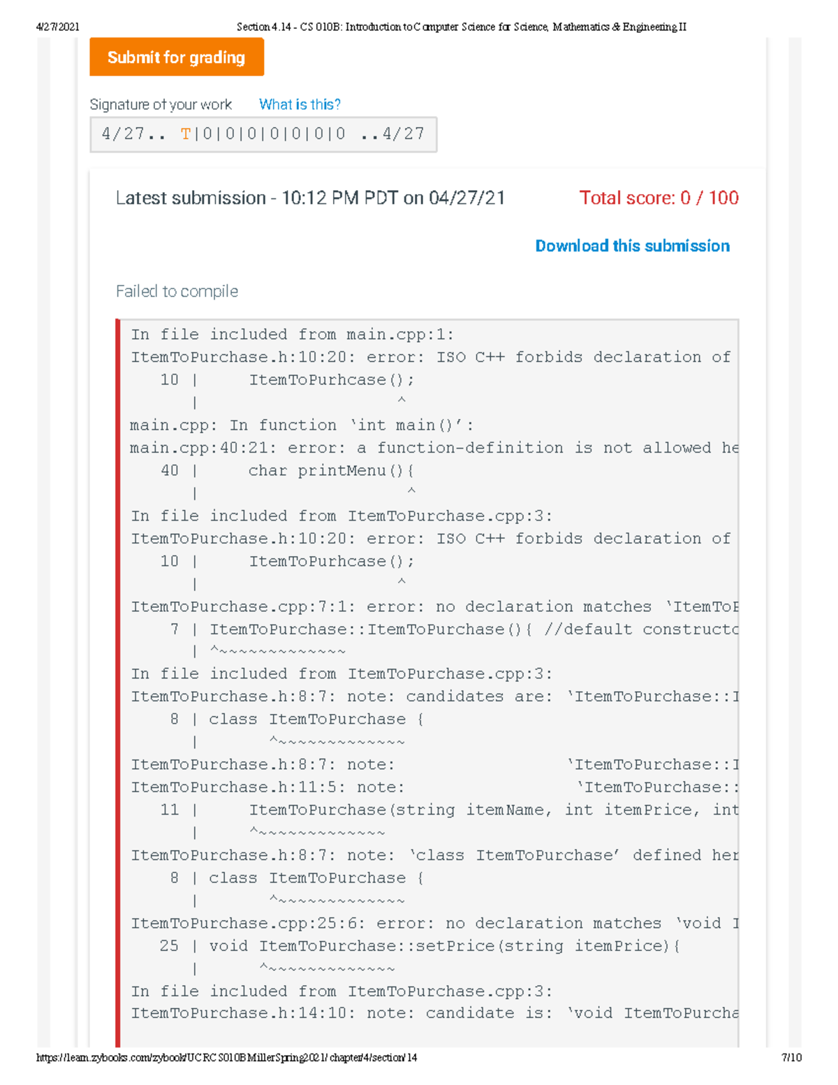 Errors - Nash’s - Signature of your work 4/27.. T|0|0|0|0|0|0|0 ...